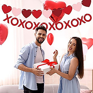 4 Pcs Valentine's Day Decorations Garland Banner with Happy Valentine's Day Banner Pom Pom Garland Ball Red Felt Heart Garland for Valentine's Day Decor Anniversary Wedding Party Supplies