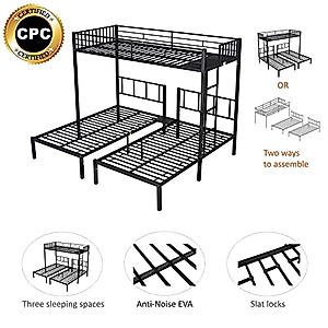 Dolonm Triple Bunk Beds, Twin Over Twin Bunk Beds for 3, Metal Triple Bunk Bed with Guardrails, 3 Twin Bunk Beds for Kids Teens Boys Girls (Black)