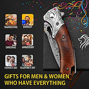 NedFoss Damascus Pocket Knife for Men, Handmade Forged VG10 Damascus Steel Blade Folding Knife with Retro Leather Sheath, Wood Handle, Pocket Clip, Liner Lock, Excellent Gifts for Men (Pattern Bloster)