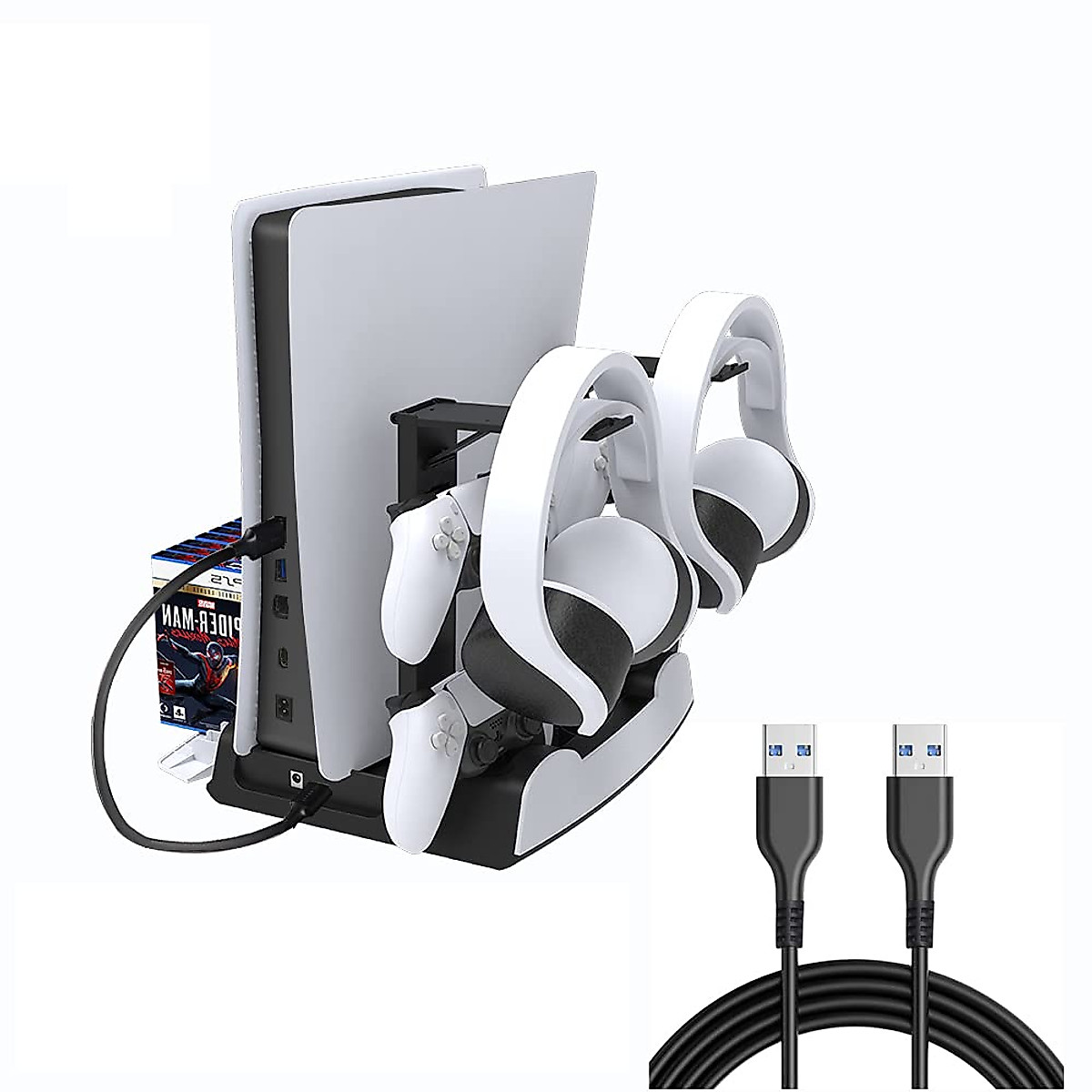 EJGAME Vertical Stand Dual Charging Station with Suction Cooling Fan Compatible with PS5 Console and PS5 Digital Edition, Built-in Headset Holder,Media Remote Stand and13 Game Rack Organizer