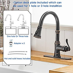 BWE Kitchen Faucet with Pull Out Sprayer 3 Spray Modes Oil Rubbed Bronze Single Handle High Arc Kitchen Sink Faucet with Deck Plate Lead-Free Commercial Bar Farmhouse Pull Down Sprayer