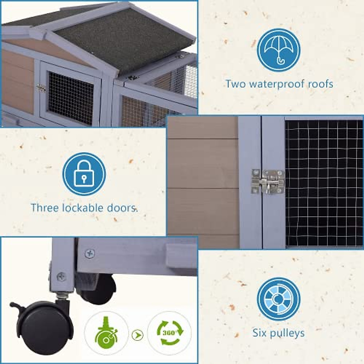 Rabbit House 58" Rabbit Hutch Indoor & Outdoor Wooden Bunny Cage W/Wheels, Large Guinea Pig House Rabbits Cage with Run Ramp Removable Trays for Small Animals