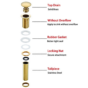 SWHYGER Bathroom Sink Pop Up Drain Without Overflow,Brass Pop Up Sink Drain Assembly Brushed Gold,83606BG.