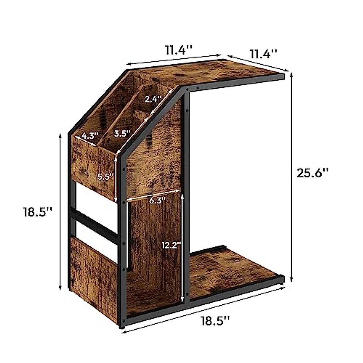 AWQM C Shaped End Table with Storage Compartment, Small Side Table for Couch, Living Room, Bedroom, Industrial Style Beside Table, Sofa Table, Snack Table, Bed Side Table