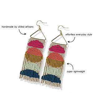 INK+ALLOY Women's Gloria 3.75- Inch Half Circles Fringe on Brass Triangle Beaded Dangle Earrings Handmade Jewelry for the Modern Bohemian (Rainbow)