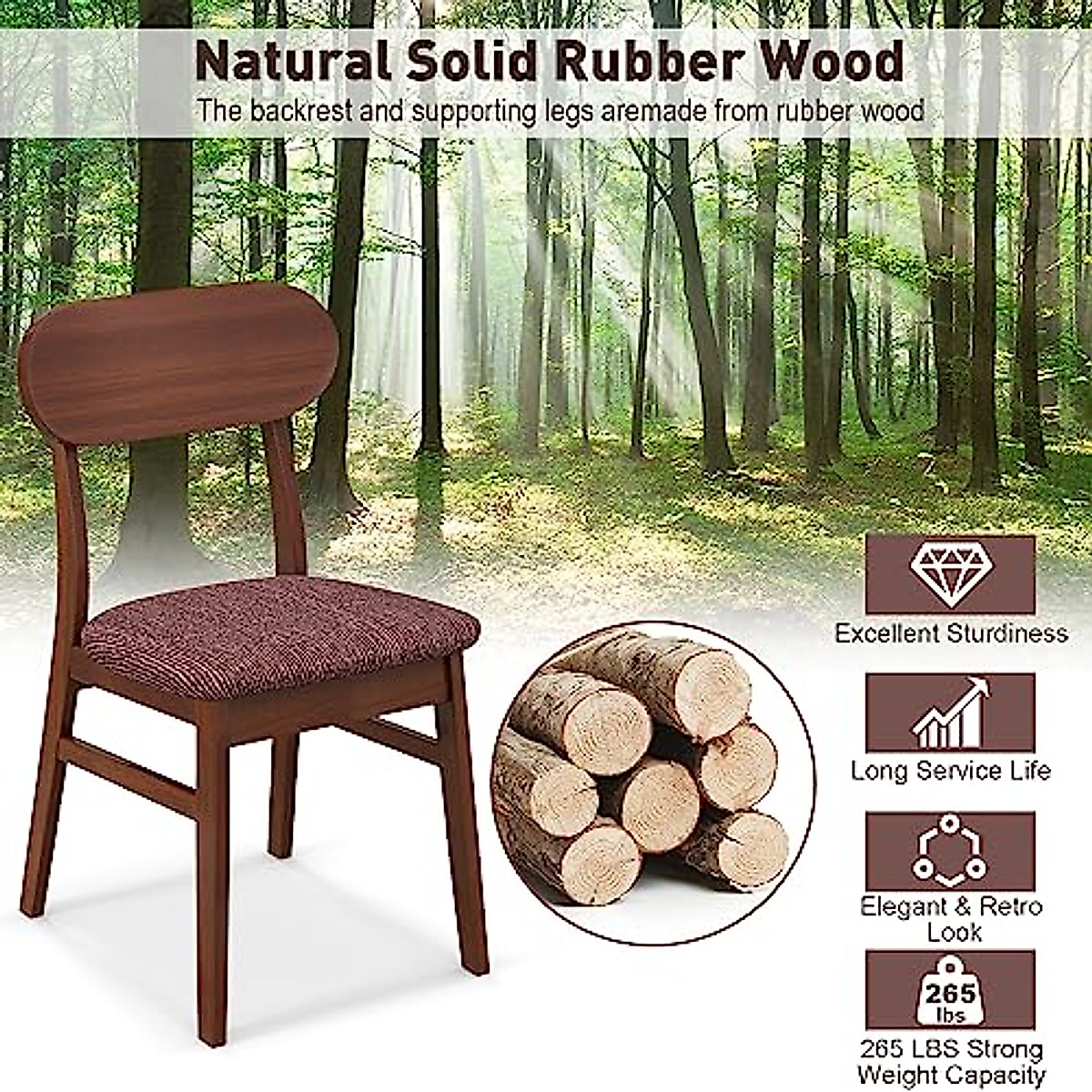 Giantex Wooden Dining Chairs Set of 2 Walnut, Farmhouse Kitchen Chairs with Padded Seat, Rubber Wood Frame, Armless Mid-Century Dining Room Chair with Curved Back, Walnut