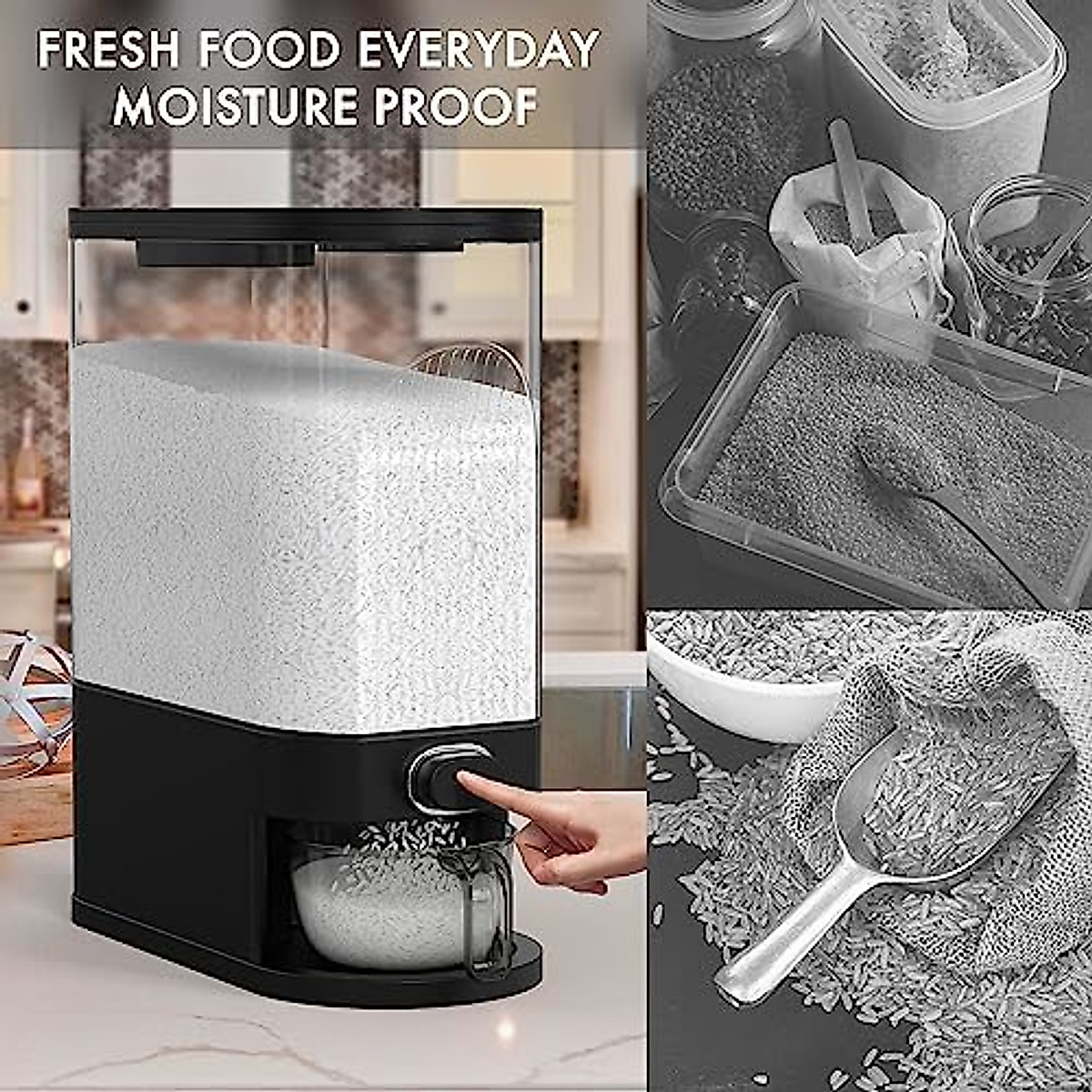 Retail Blade - 25lb Black Rice Dispenser, Measuring Cup & Sponge. Airtight Grain, Bean & Rice Container. NEW Clear Black Design. Easy To Use Grain Dispensing Storage Container For Kitchen