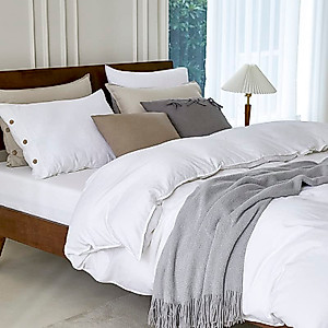 EVERLY 100% Pure Linen Duvet Cover Set Twin Size 68X90Inch 3pcs (1 Duvet Cover,1Pillowcases) Soft and Breathable for All Season with Coconut Button Closure, Suitable for Hot Sleepers-White-Twin