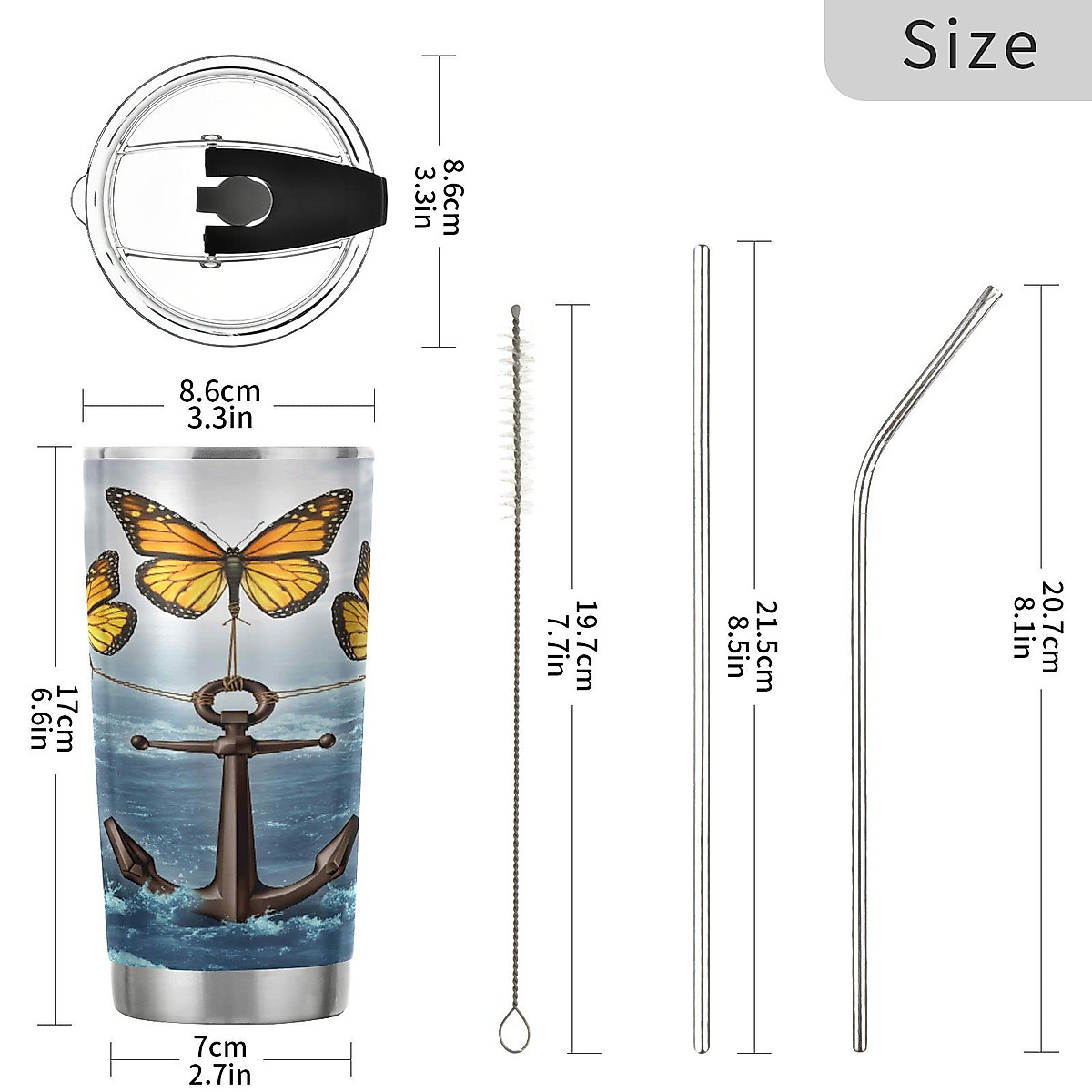 Monarch Butterflies Stainless Steel Tumbler Anchor Insulated Coffee Cups with Lid and Straw Travel Mug for Hot and Cold Drinks 20oz