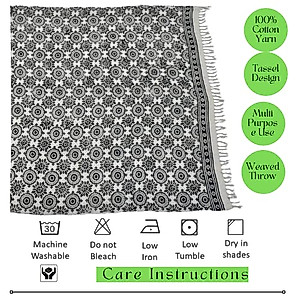 InstyleCraft - Cotton Throw Blanket - Woven Warm Boho Decor Couch Chair Sofa Bed Kitchen Living Room - Block-Printed - Chair Blanket with Tassels for Outdoor Camping Beach Picnic
