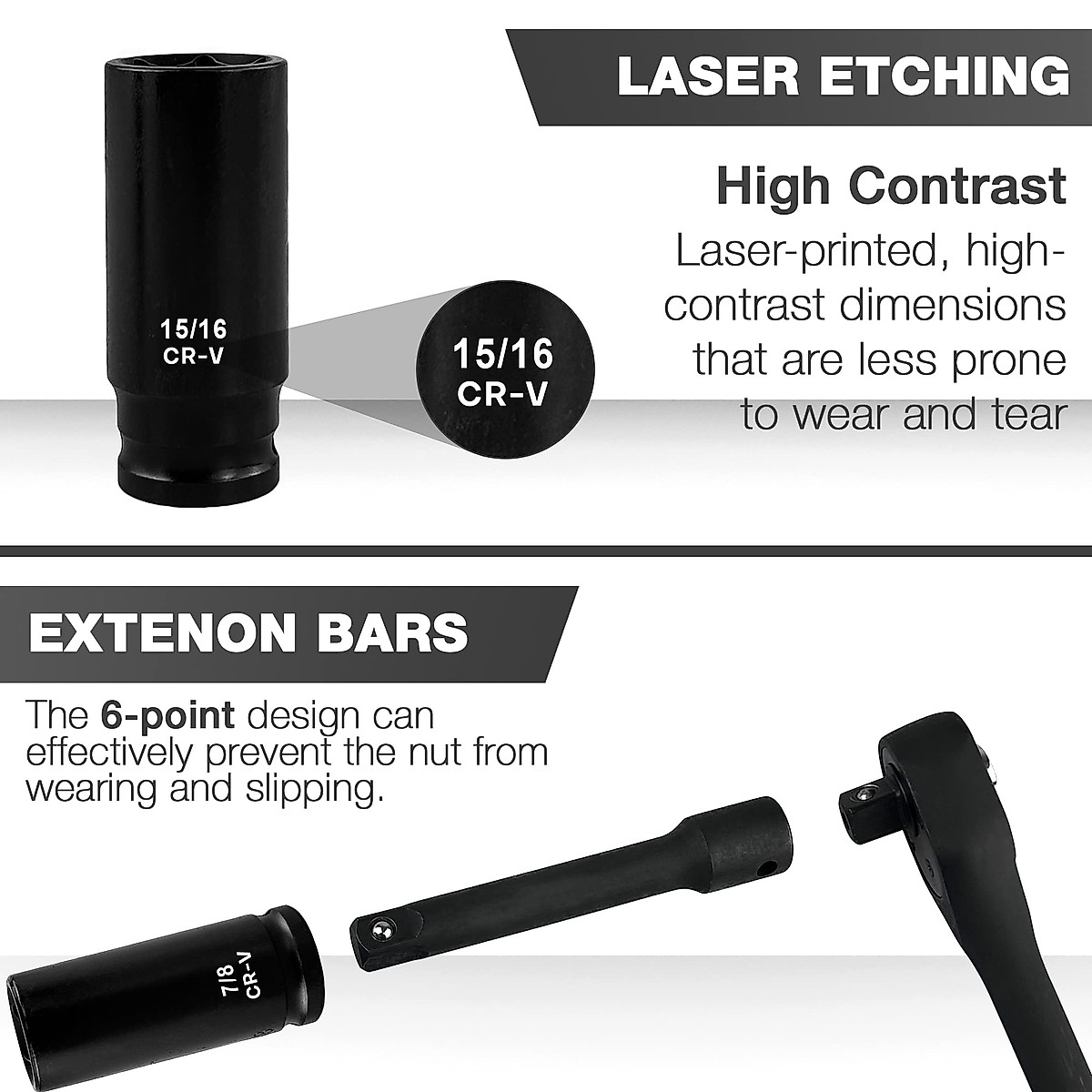 EACELIY 29pcs 1/2" Socket Set, Drive Deep Impact Socket Set, Including 3 ", 5", 10" Impact Extension Bar, Standard SAE (3/8 "- 1") and Metric (10mm-24mm), Cr-V Steel