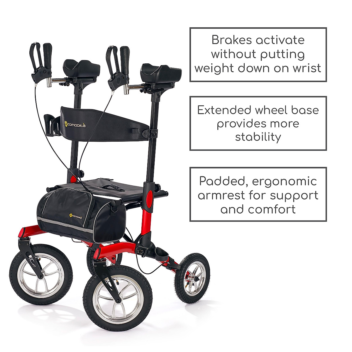 Comodità Tipo Stand Up Advance All Terrain Upright Rollator Walker with Seat and Pneumatic Tires, 4 Wheel Folding Rolling Walker for Adults and Seniors with Cup and Cane Holder, Modena Red