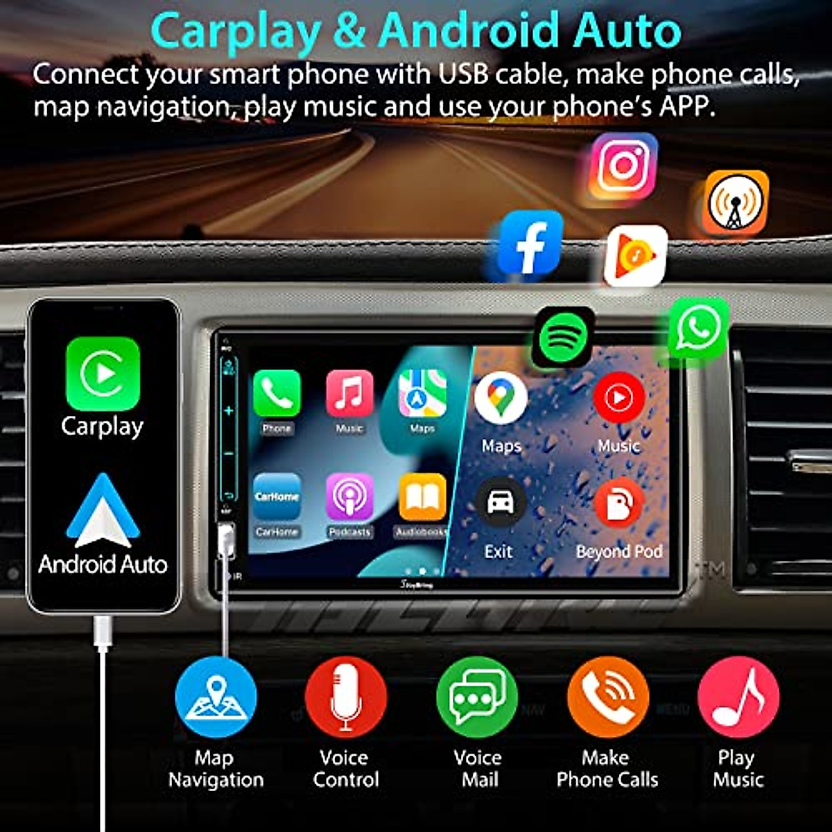 Double Din Car Stereo with HD IPS Screen, Carplay, Android Auto, Bluetooth, Mirror Link, AHD Backup Camera, Steering Wheel Controls, Subwoofer, AM/FM, 7" Car Radio Receiver
