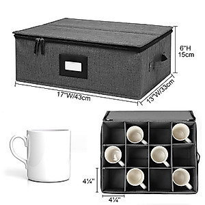 Cup and Mug Storage Box 2Pack, 12 Cells China Storage Containers for Tea Cups and Coffee Mugs with Zipper Lid and Rivet Reinforced Handles, Hard Shell and Stackable (Black)
