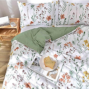 Floral Duvet Cover King Size - White Yellow Flowers and Green Leaf Spring Botanical Printed Microfiber Comforter Cover Set - 3PC 104X90 Soft and Lightweight Quilt Cover, Farmhouse Style for Women Men