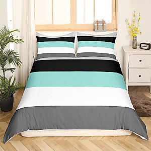 Erosebridal Adults Patchwork Turquoise Striped Twin Duvet Cover Teal Black Gray Bedding Set Modern Geometric Stripes Comforter Cover Soft Lightweight Quilt Cover for All Season with 1 Pillow Case