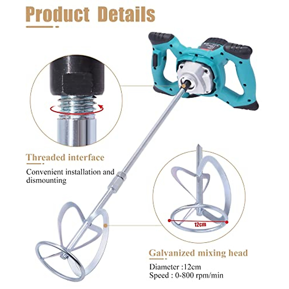 Portable Concrete Mixer 110V 2100W Electric Handheld 6 Gears for Thinset Cement Plaster Grout Paint Mud Mixing with 23.6" Stirring Rod (Blue)