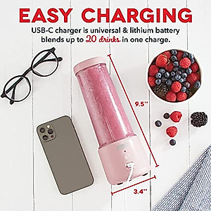 Dash 16 oz Personal USB Bottle Blender with Travel Lid and Charging Cord, Single-Serve Smoothie and Juice Maker, Rose