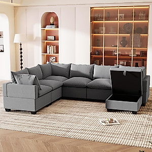 KIVENJAJA Oversized Modular Sectional Couch, Linen Fabric 7 Seater U Shaped Sofa Set with Storage Ottoman & Loose Back Cushions, Living Room Furniture Set, 118”W, Grey