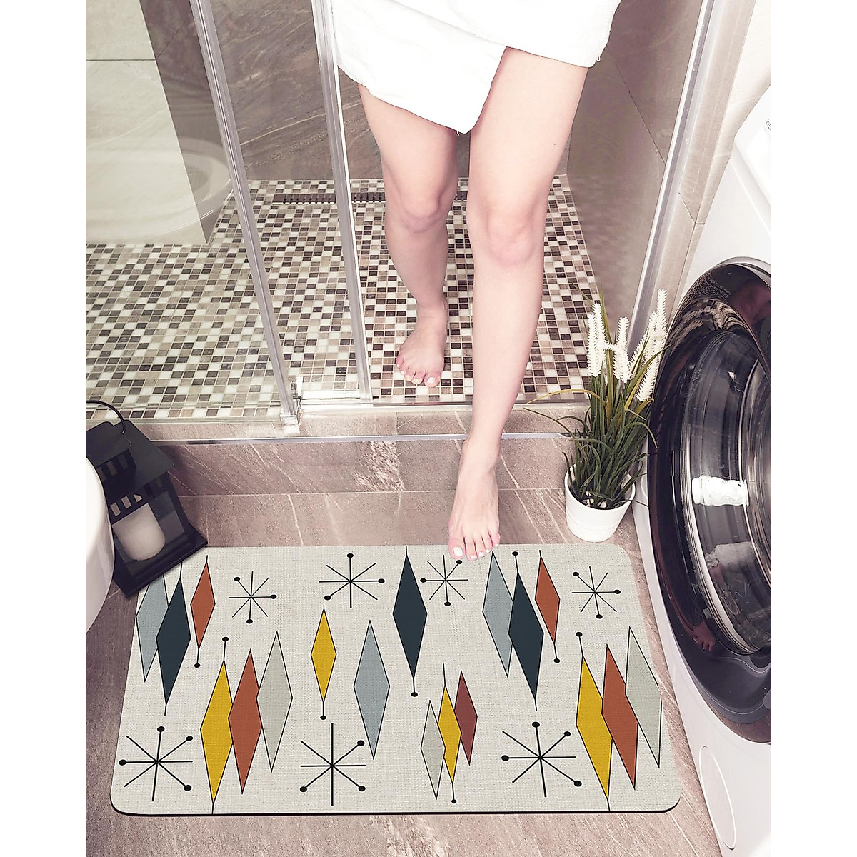 Bath Mat Rustic Mid-Century Geometry Red Orange Diamond Geometry Super Quick Dry Diatom Mud Bath Rugs Non-Slip Floor Mats for Bathtub Shower Room Sink, 16x24In