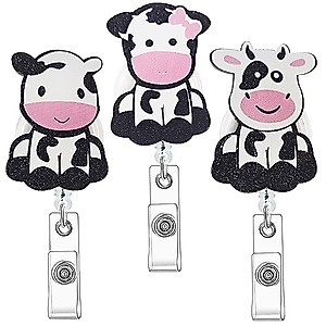 3 PCS Funny Cow Badge Reel Retractable Print Animal Western Pediatrics Peds, Cute Cow ID Badge Holder with Alligator Clip for Students, RN LPN Medical Assistant Work, Nursing Name Tag Grad Gift