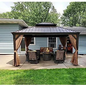 Domi 12'x14' Hardtop Gazebo with Gutters, Outdoor Aluminum Frame Canopy with Galvanized Steel Double Roof, Outdoor Permanent Metal Pavilion with Curtains and Netting for Patio, Backyard and Lawn