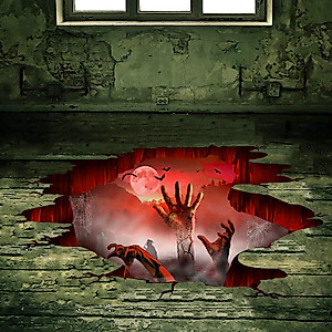 Scary Halloween Floor Wall Stickers 3D Ghost Floor Decals Art Decorations, Red Moon Cobweb Zombie Wall Floor Stickers Ghost Hands Scratching Decals for Living Room Bar Pub