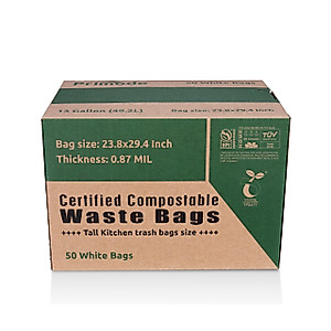 Primode Compostable Bags, 13 Gallon Food Scraps Yard Waste Bags, 50 Count, Extra Thick 0.87 Mil. ASTMD6400 Compost Bags Small Kitchen Trash Bags, Certified By BPI And TÜV AUSTRIA