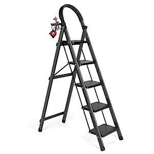 Timati 5 Step Ladder, Folding Step Stool, Wide Steps with Handrail Anti-Slip Step Ladder with Handgrip, Sturdy Steel Ladder, Lightweight and Portable Step Ladder for Home, Library, Office, Garage