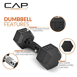 CAP Barbell 150lb dumbbell set with black handles and storage rack