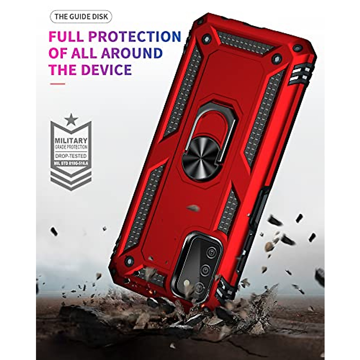 PUSHIMEI for Samsung Galaxy A03S Case with HD Screen Protector (Military Grade 16ft. Drop Tested) Magnetic Ring Holder Kickstand Protective Phone Case for Samsung Galaxy A03S, Red
