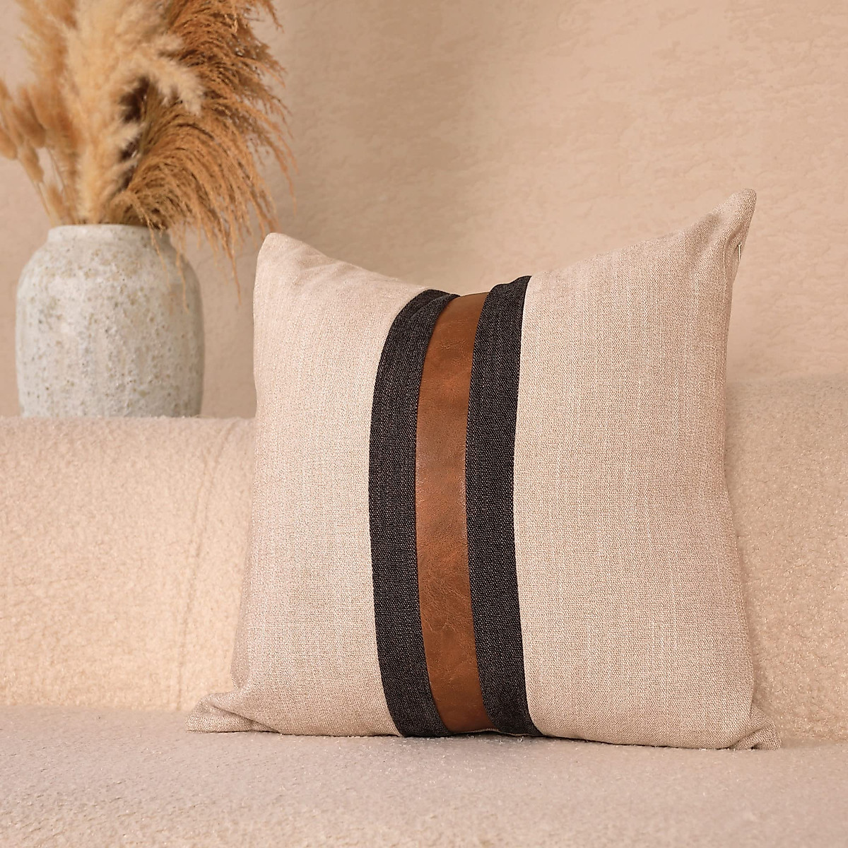 BOYSUM Farmhouse Decorative Outdoor Throw Pillow Covers for Couch Sofa Bed Brown Faux Leather Accent Pillow Cover Modern Decor Pillow Case 20 x 20 Inch (Beige)