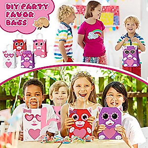 12 Pcs Valentine Treat Bags for Kids, Cat DIY Valentine Candy Treat Bags Kraft Paper Gift Bags Valentine Goodie Bags with 18 Accessories for Snack Party Favor and Students Classroom Gift Exchange