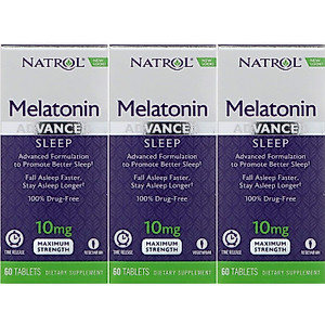 Natrol Advanced Sleep Melatonin Tablets, Maximum Strength 10 mg 60 ea (Pack of 3)