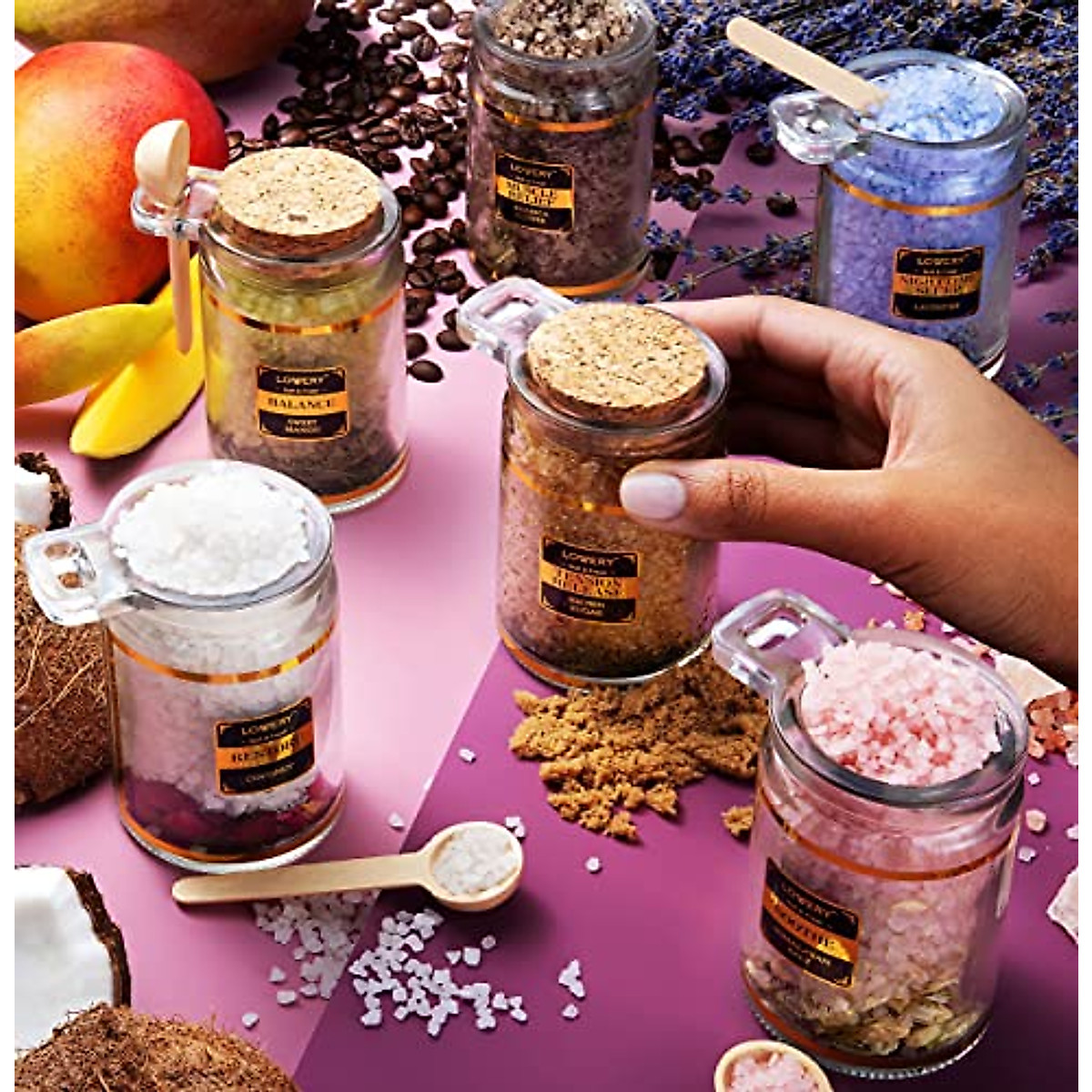 Bath Salts Gift Set with Lavender, Arabica Coffee, Mango, Sugar, Himalayan & Coconut, 6pc Bath Soaks, Relaxing Spa Salt with Essential Oils, Vitamin E, Jojoba Oil, Shea Butter, Fresh Herbs