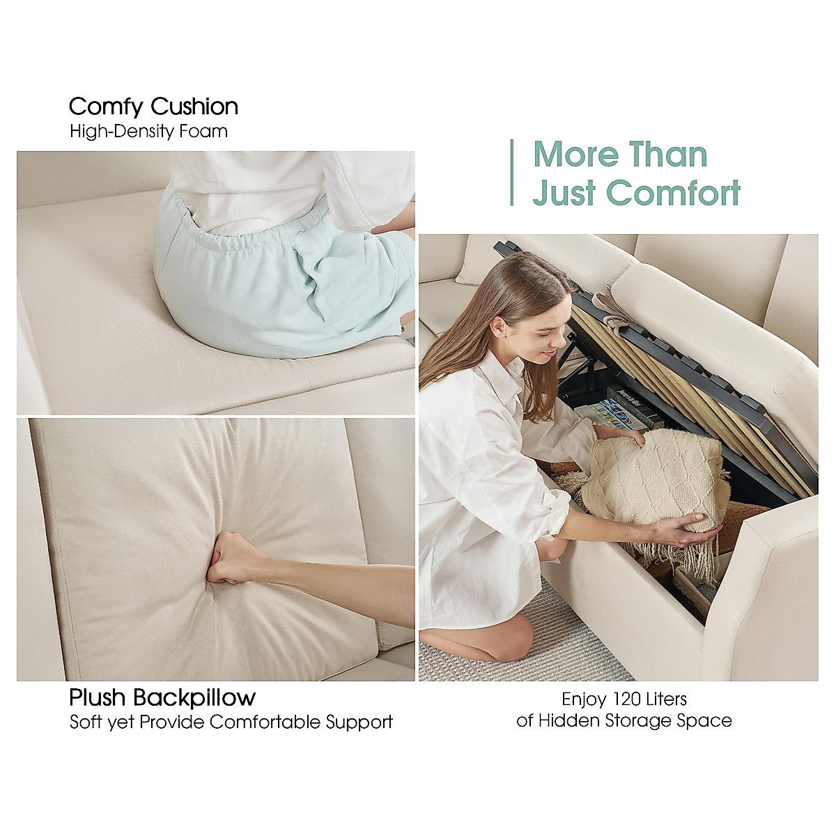 Jocisland Sofa Bed, 85 Inch Sleeper Sofa with Pull Out Bed & Storage Seat, Reversible L Shape Sectional Couch for Living Room Apartment, Beige Linen Oversized Sofa