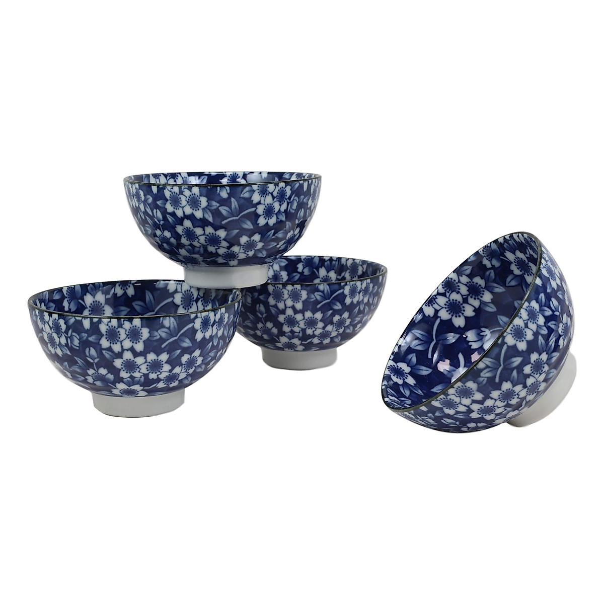 Ebros Gift Made in Japan Ming Style Blue And White Summer Floral Blossom Design 12oz Rice Soup Cereal Porcelain Bowls Set of 4 Home Decor Zen Asian Fusion Accent Housewarming Birthday Gifts Bowl Set