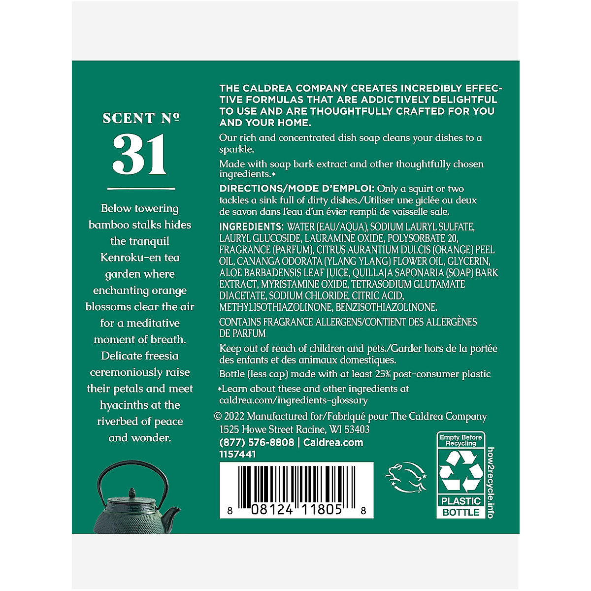 Caldrea Dish Soap, Dishwashing Liquid Made with Soap Bark, Aloe Vera, Orange Peel and Ylang Ylang Flower Essential Oils, Orange Blossom Bamboo Scent, 16 oz