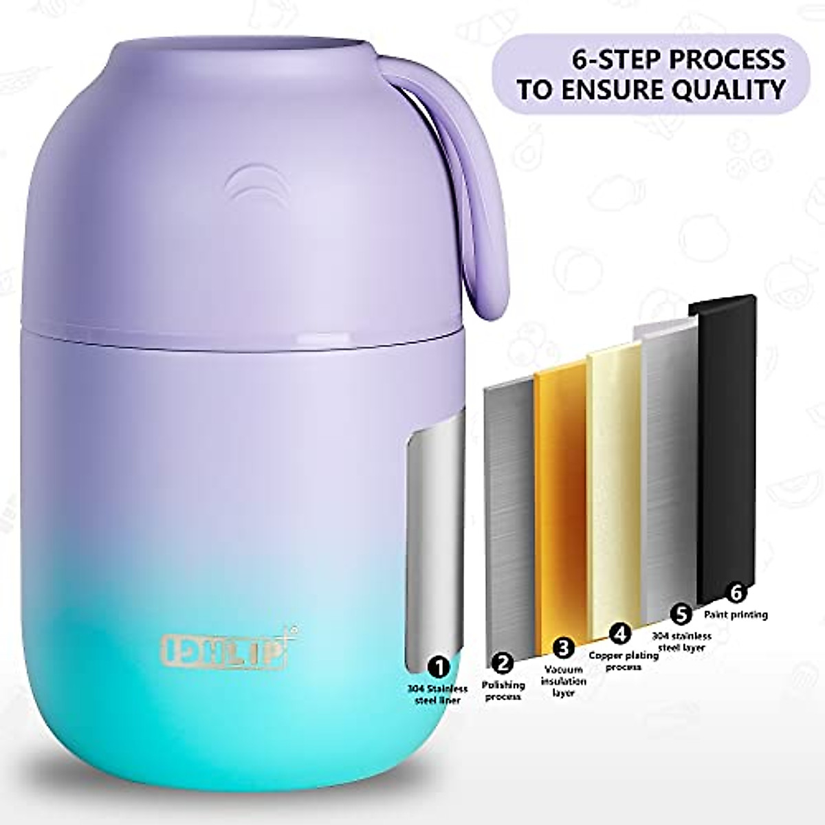 IDHLIP Thermos for Hot Food - Wide Mouth Soup Thermos for Kids Adults - 17 oz Insulated Food Container with Folding Spoon for Hot Cold Food Stainless Steel Food Jar for School (Purple-Blue)