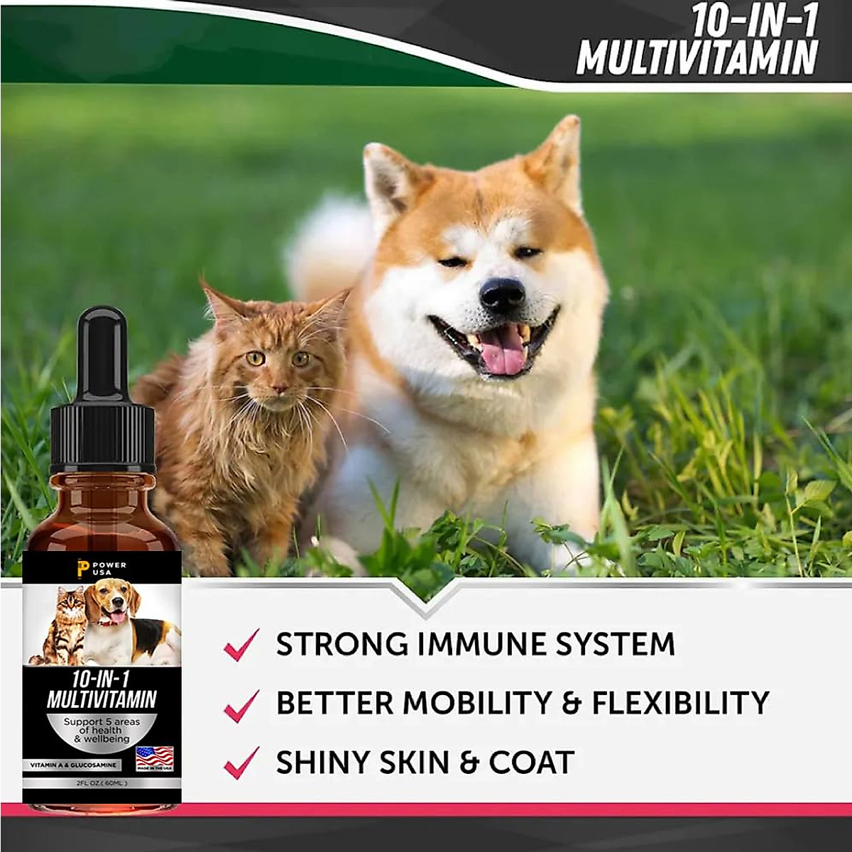 Pet Vitamins 10-in-1 Made in USA - Natural Glucosamine for Dogs & Cats, Essential Multivitamin Blend for Pet Joint Health, Longevity, Gut & Immune Health - All Ages, Breeds and Sizes.