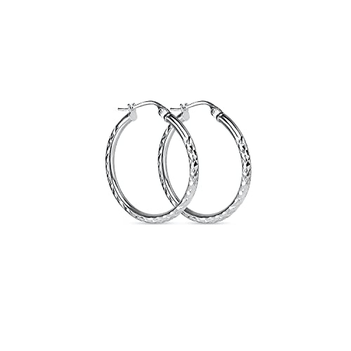 Sterling Silver Hoop Earrings for Women Girls 1 Inch, Diamond-cut Textured Design 2mm wide by 25mm Diameter
