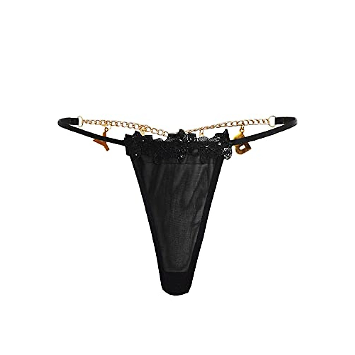 SOLY HUX Women's Mesh Floral Applique Chain Thongs Underwear Panties Sexy Panty Black S