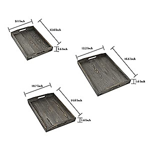 Owlgift Vintage Grey Wood Serving Trays with Brass Metal Wrap Accents, Set of 3