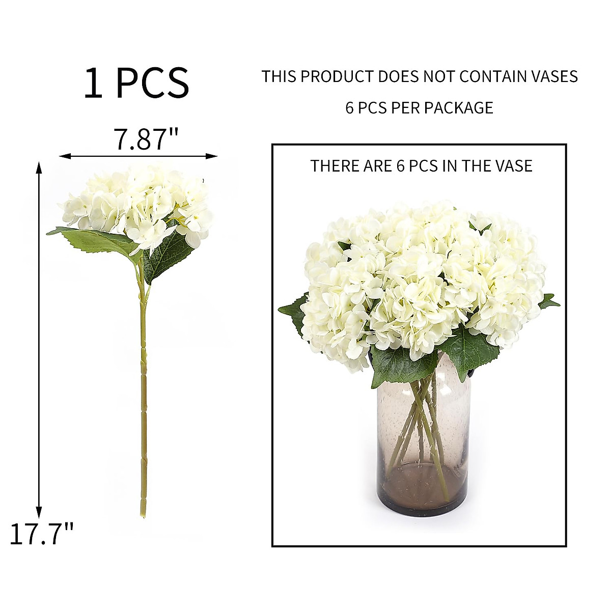 Kimura's Cabin 6 Pcs White Hydrangea Flowers Bouquets Silk Hydrangea Flowers with Stems Faux Hydrangea Stems for Home Wedding Party Table Core Decoration (White, Pack of 6)