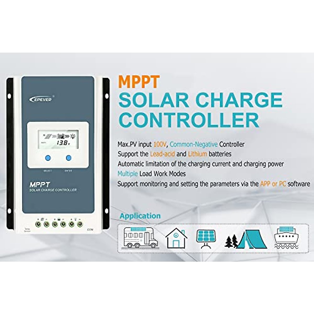EPEVER MPPT Solar Charge Controller 30 amp 12V 24V Auto, 30A Solar Charge Controller Max 100V Input Negative Grounded Solar Reulator for Lead-Acid and Lithium Batteries Charging and Discharging