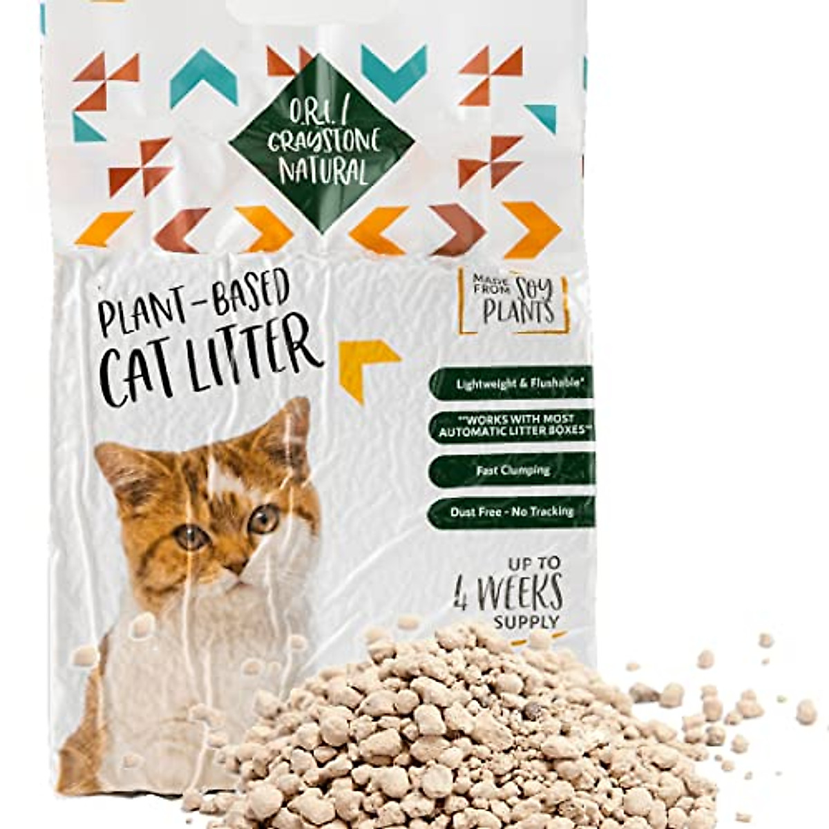 O.R.I./Graystone Natural Granular Tofu Cat Litter for Automatic Self-Cleaning Litter Box Robots | Dust Free Fast Clumping Multi-Cat Flushable Lightweight | 4.5lb Refill Bag (Unscented 36lb 8 Pack)