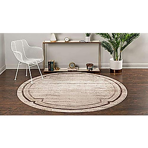 Unique Loom Oasis Collection Modern, High-Low Pile, Border, Stripes, Abstract Area Rug (7' 0 x 7' 0 Round, Brown/Beige)