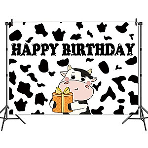 Cartoon Cow Happy Birthday Photography Backdrops Black and White Cow Figure Photo Background for Kid's Birthday Party Decor Newborn Baby Shower Banner Props Supplies 5×3FT