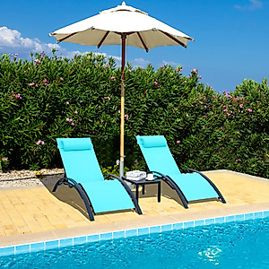 AthLike 3 pcs Poolchairs Patio Chaise Lounge Set with Headrest, 5-Level Adjustable Sunbathing Tanning Poolside Recliner Chairs with Side Table for Outdoor Beach (Blue, 2 Chairs and 1 Table)