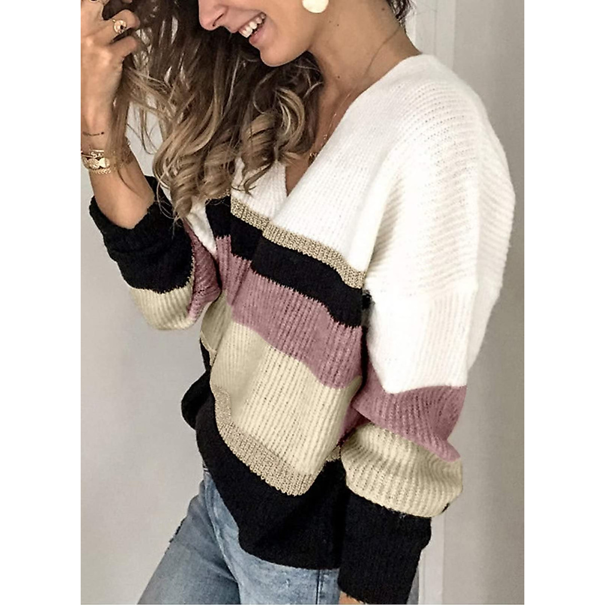 Elapsy Womens Winter Casual Knit Pullover Sweater for Juniors Loose Long Sleeve V Neck Color Block Striped Slouchy Warm Jumper Sweater Brown S